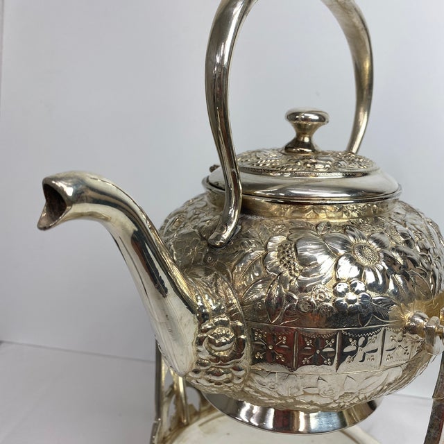 Antique Adelphi Silver Plate Repousse Tea Kettle on Stand | Chairish