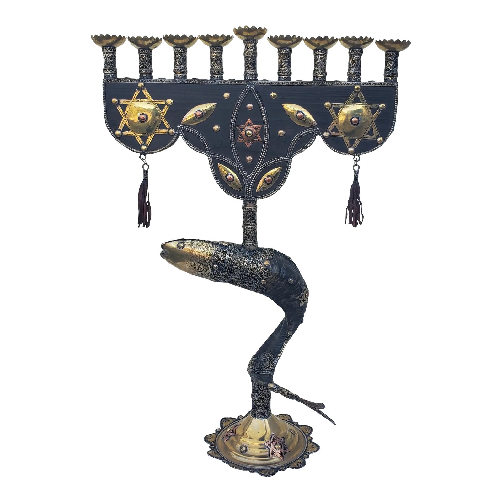 Handmade Metal Inlaid Jewish Menorah | Chairish