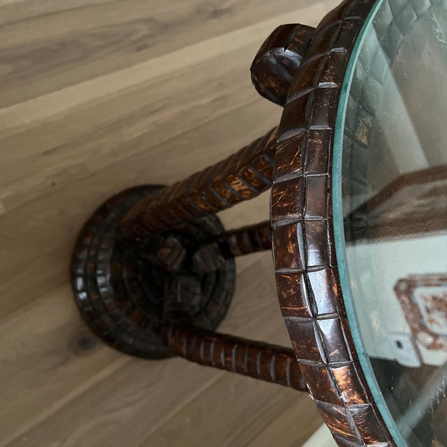 1990s Art Deco Style Coconut Wood Accent Table With Leather Top | Chairish