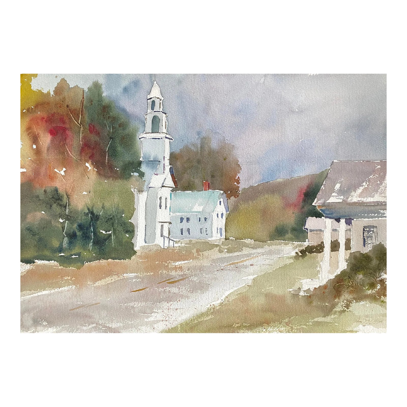 1980s Martha Stiles New England Church in Autumn Watercolor | Chairish
