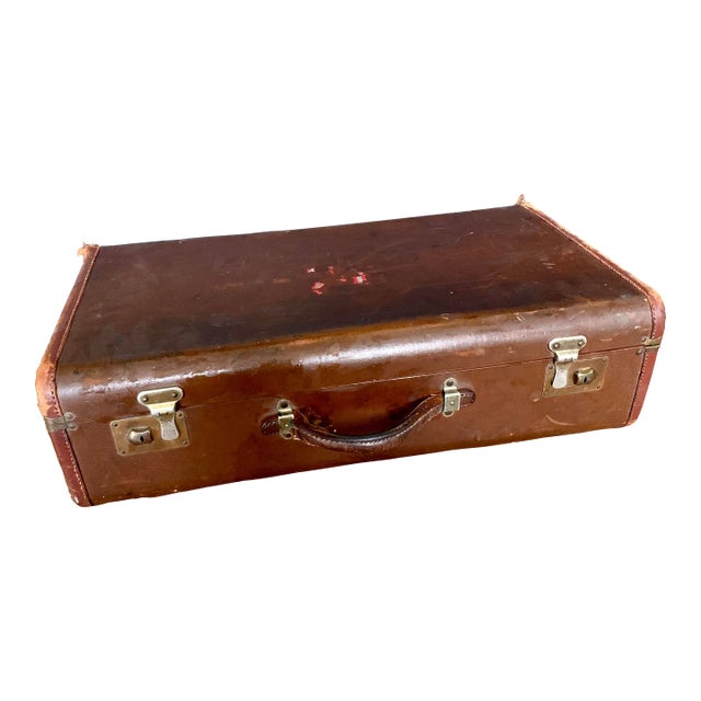 Mid 20th Century Vintage Leather Suitcase With Burgundy Lining | Chairish