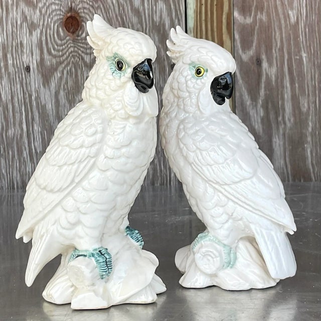 Vintage Regency Glazed Ceramic Cockatoos - a Pair | Chairish