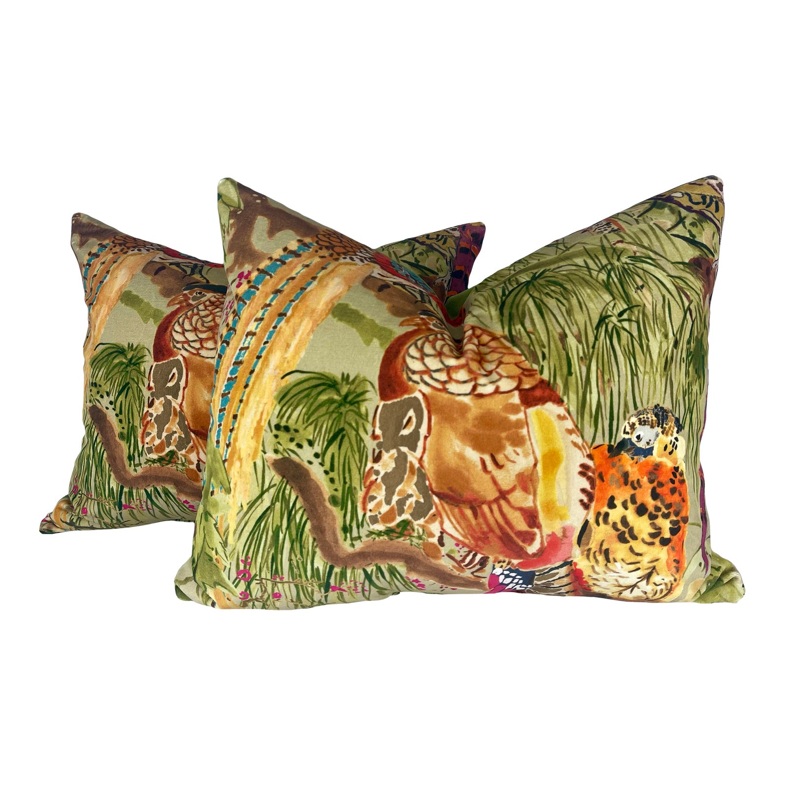 Mulberry "Game Birds Velvet" in Fig/Multi 16x20" Pillows-A Pair | Chairish