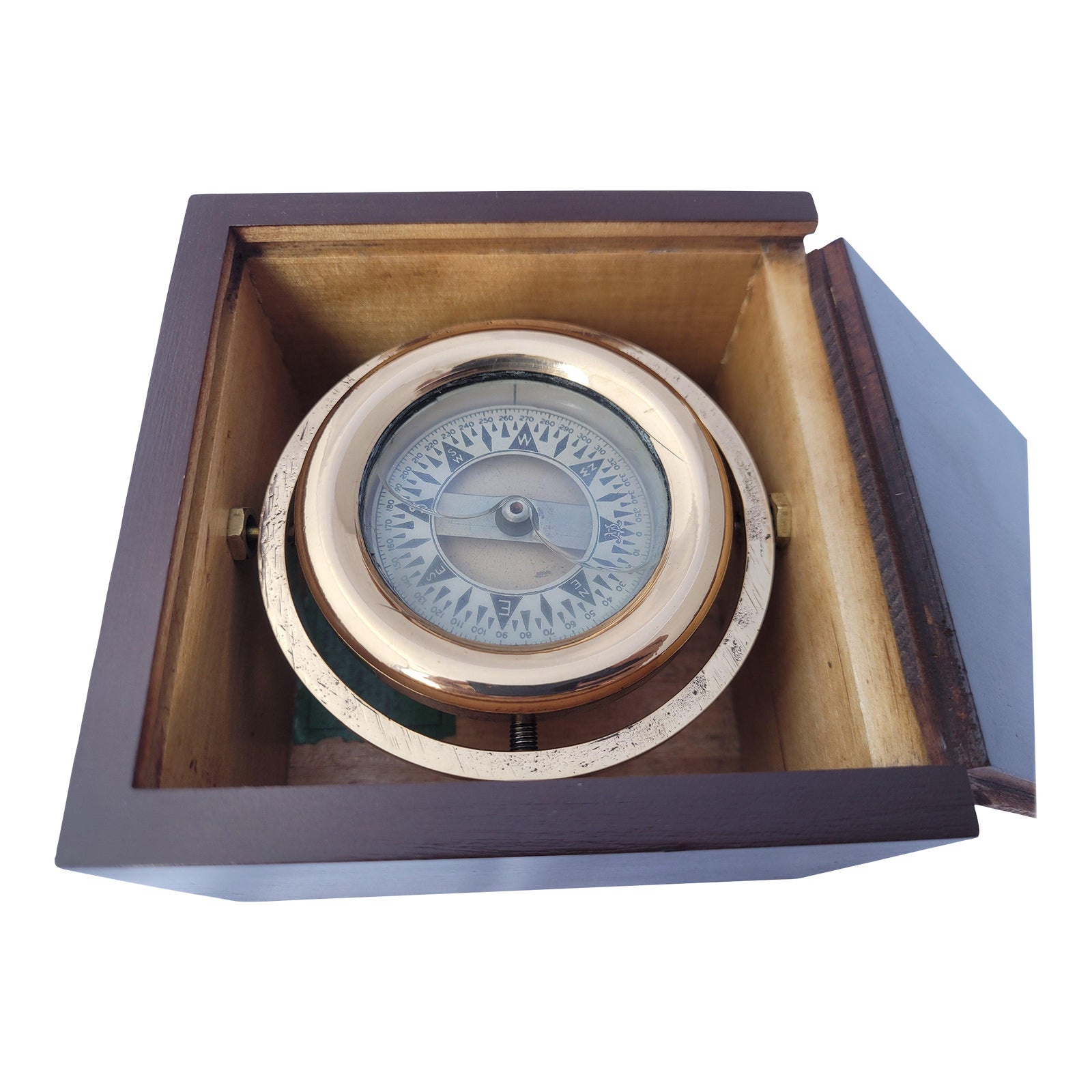 Brass Boat Compass in Varnished Wood Box | Chairish