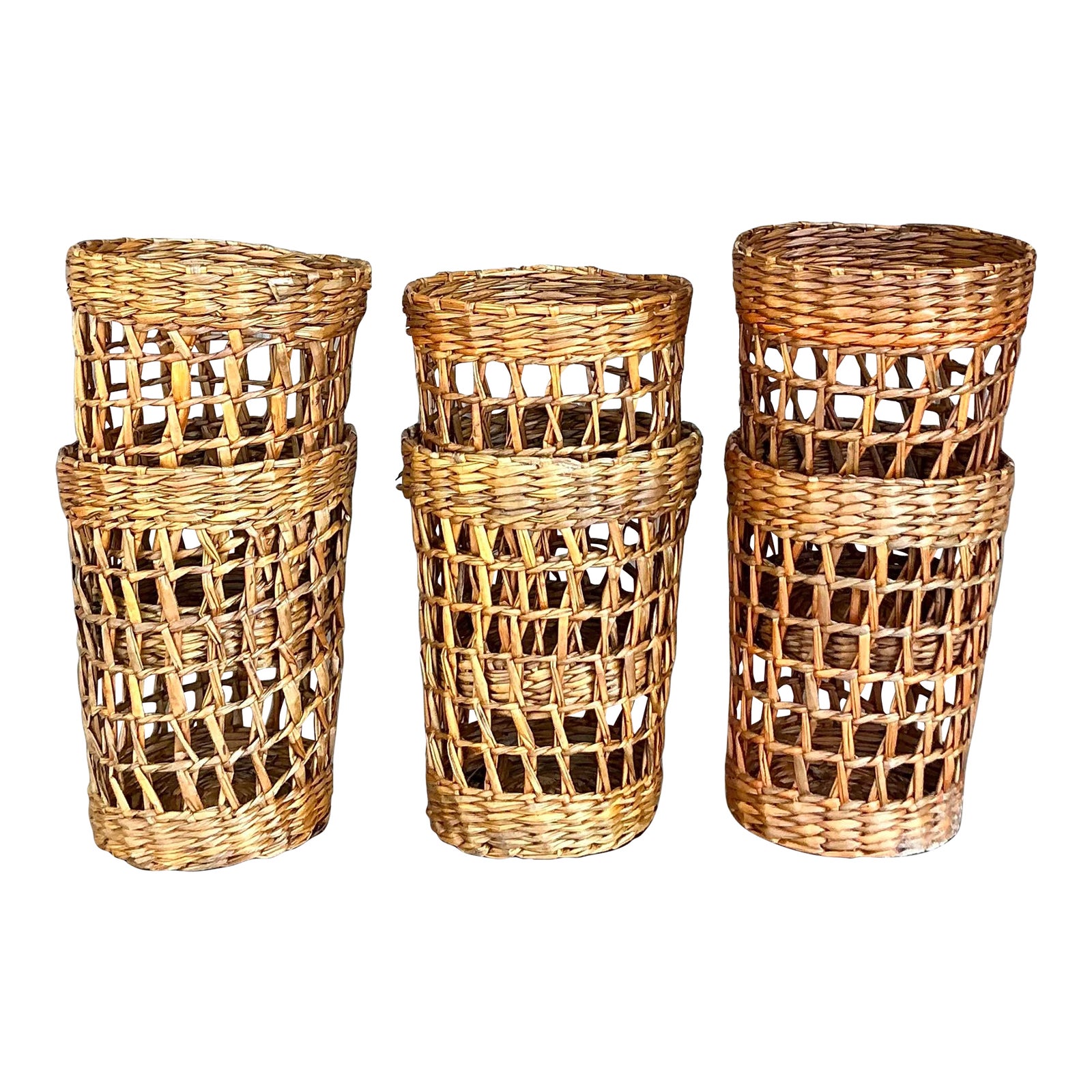 Vintage Boho Woven Rattan Tumbler Glass Sleeves - Set of 6 | Chairish