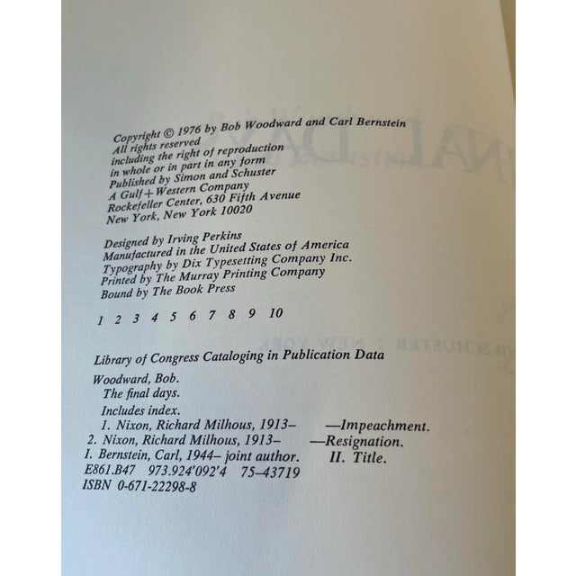 1976 1st Edition ”The Final Days” Book by Woodward and Bernstein | Chairish
