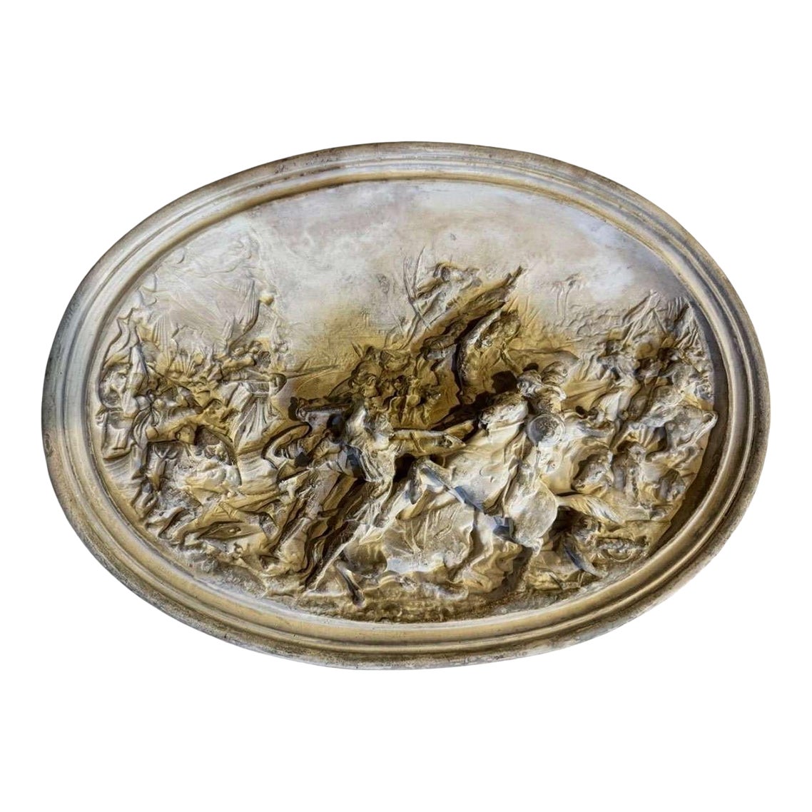Antique Oval Plaster Relief Plaque – Dramatic Battle Scene, Signed ...