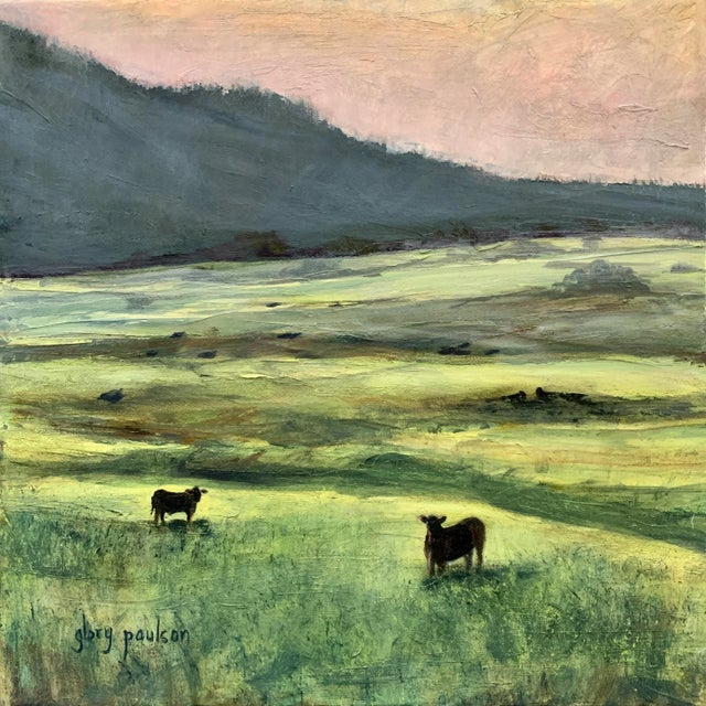 Cows in Green Pasture, Textured Square Oil Painting | Chairish