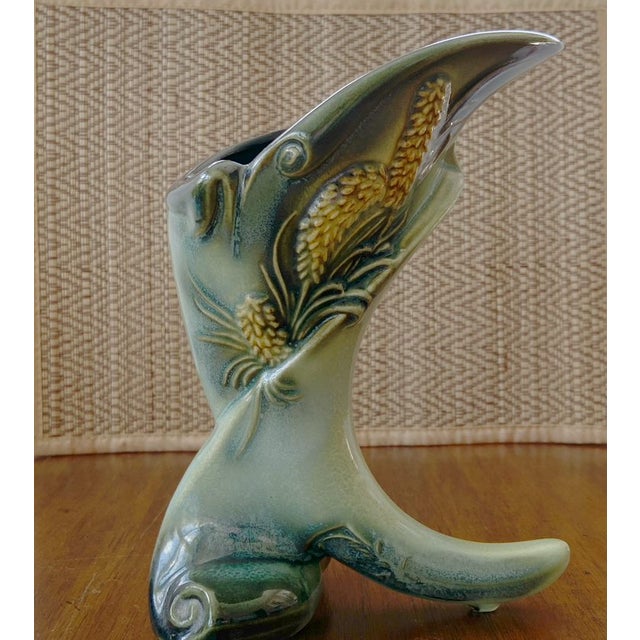 Vintage Hull Art Pottery Parchment & Pine Cornucopia Vase | Chairish