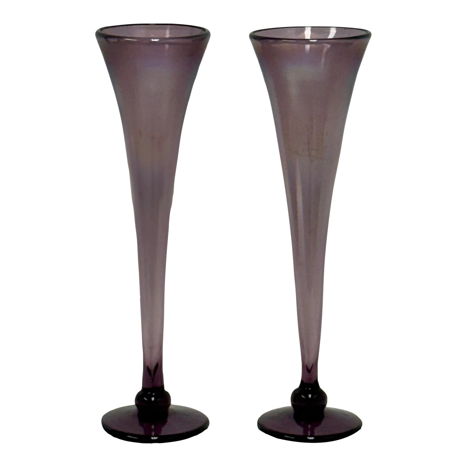 Rick Strini Art Glass Signed Iridescent Flutes, a Pair | Chairish