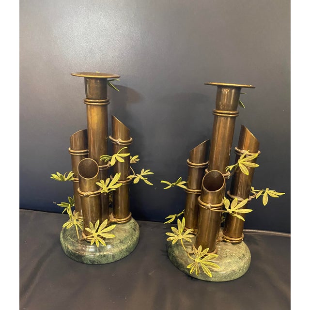 Bamboo Shape Metal Candlesticks - a Pair | Chairish