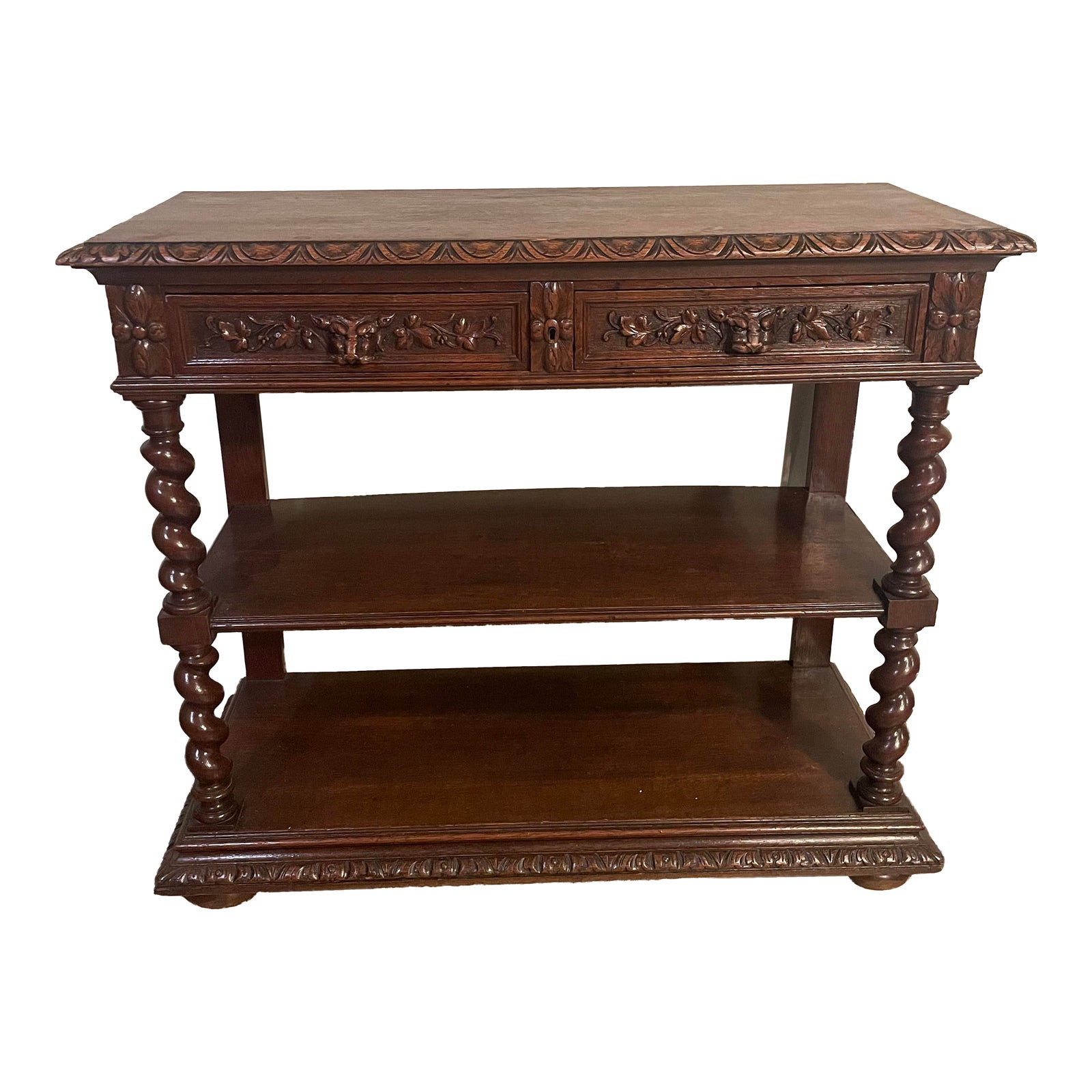Antique Oak French Server With Barley Twist and Lift Top | Chairish