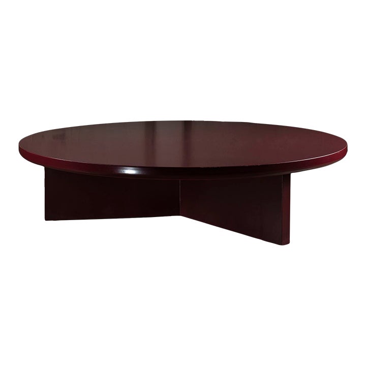 Deep Dark Red Lacquer Finish in Solid Oak Round Coffee Table | Chairish