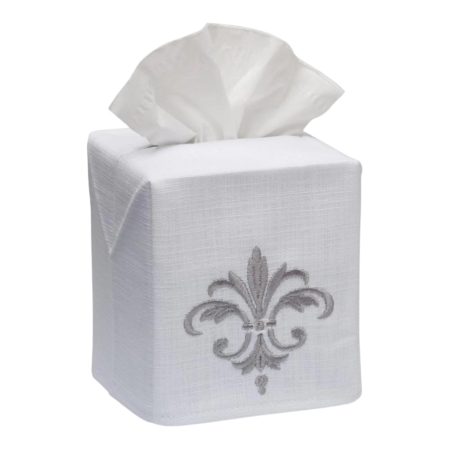 Pewter Fleur-De-France Tissue Box Cover in White Linen & Cotton ...
