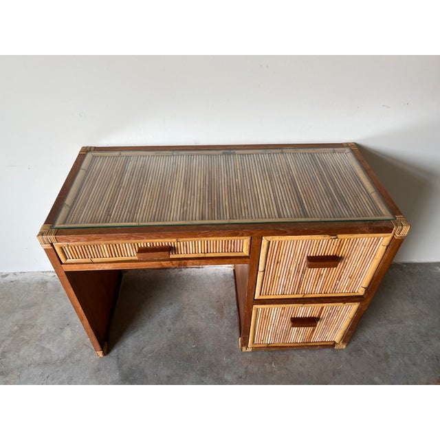Vintage Coastal Pencil Reed Rattan and Wood Desk With Glass Top/ Sold ...