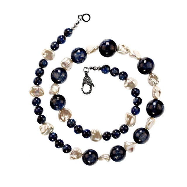 Ajd Glowing Kyanite and White Iridescent Pearl 23 Inch Necklace | Chairish