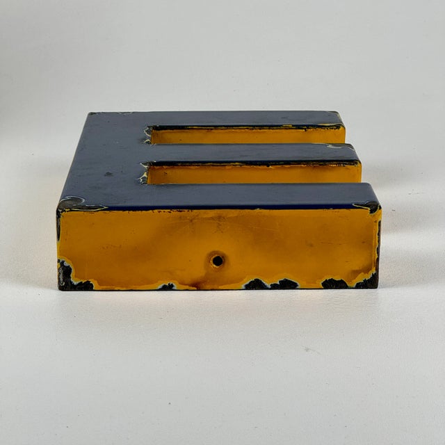 Vintage Metal Porcelain Enamel Letter 'E' Sign in Blue & Yellow | Chairish