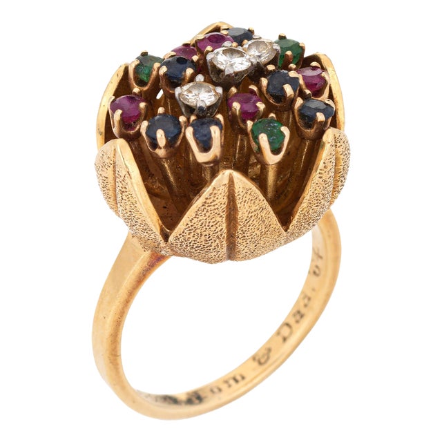 60s Diamond Gemstone Tulip Ring Vintage 18k Yellow Gold Sz 5.5 Flower ...