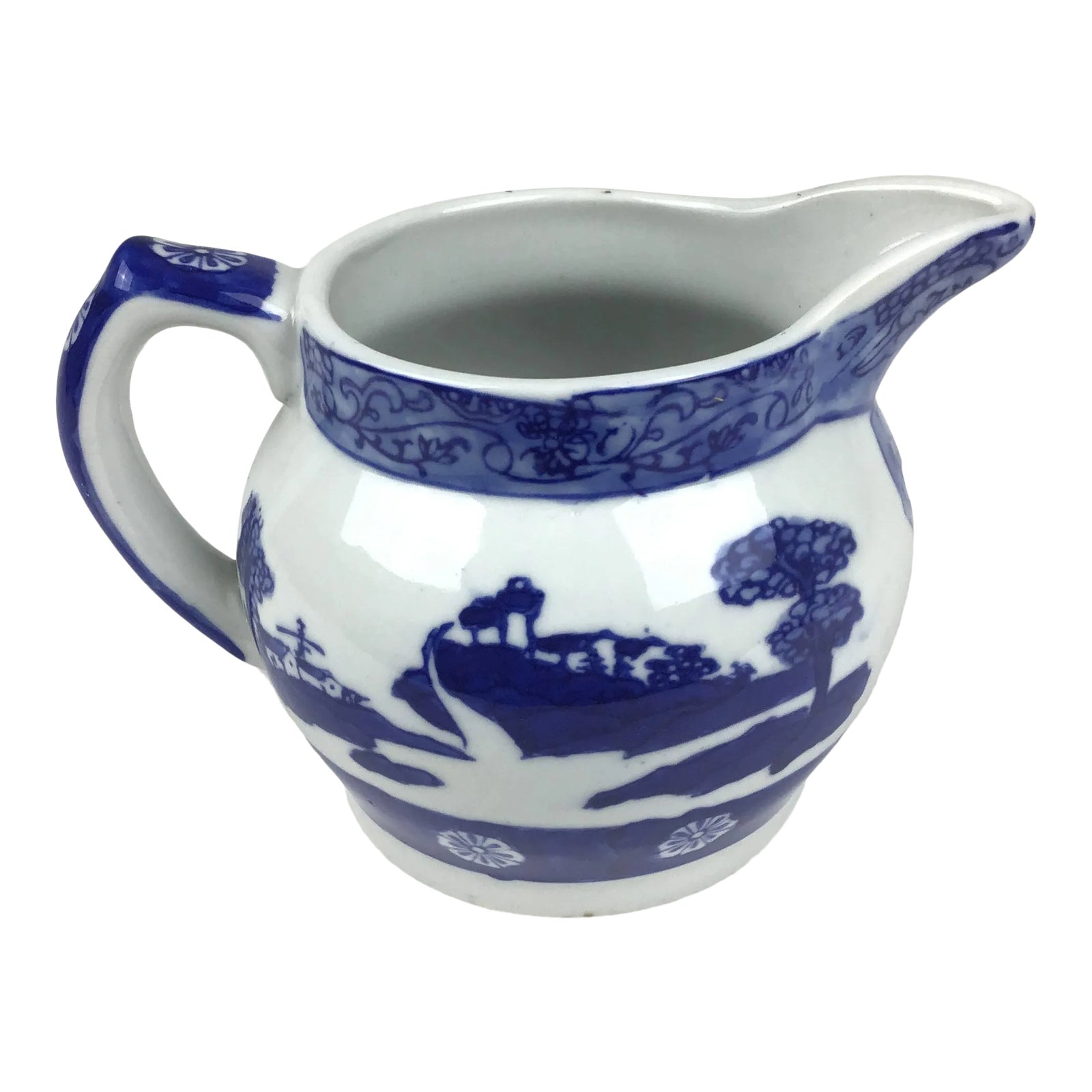 Large Vintage Blue & White Porcelain Cream or Milk Pitcher | Chairish