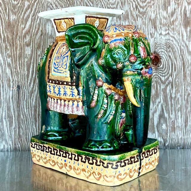 Vintage Boho Glazed Ceramic Elephant Stool | Chairish