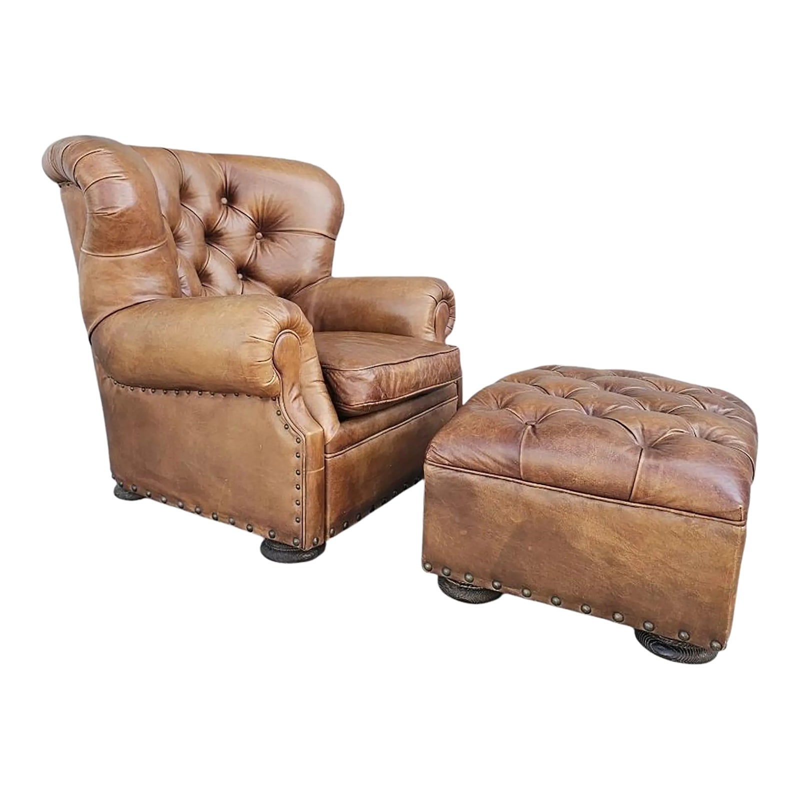 Restoration Hardware Churchill Tufted Leather Chair With Ottoman | Chairish