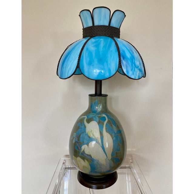 Italian Hand Painted Swans Ceramic Table Lamp With Slag Glass Shade ...