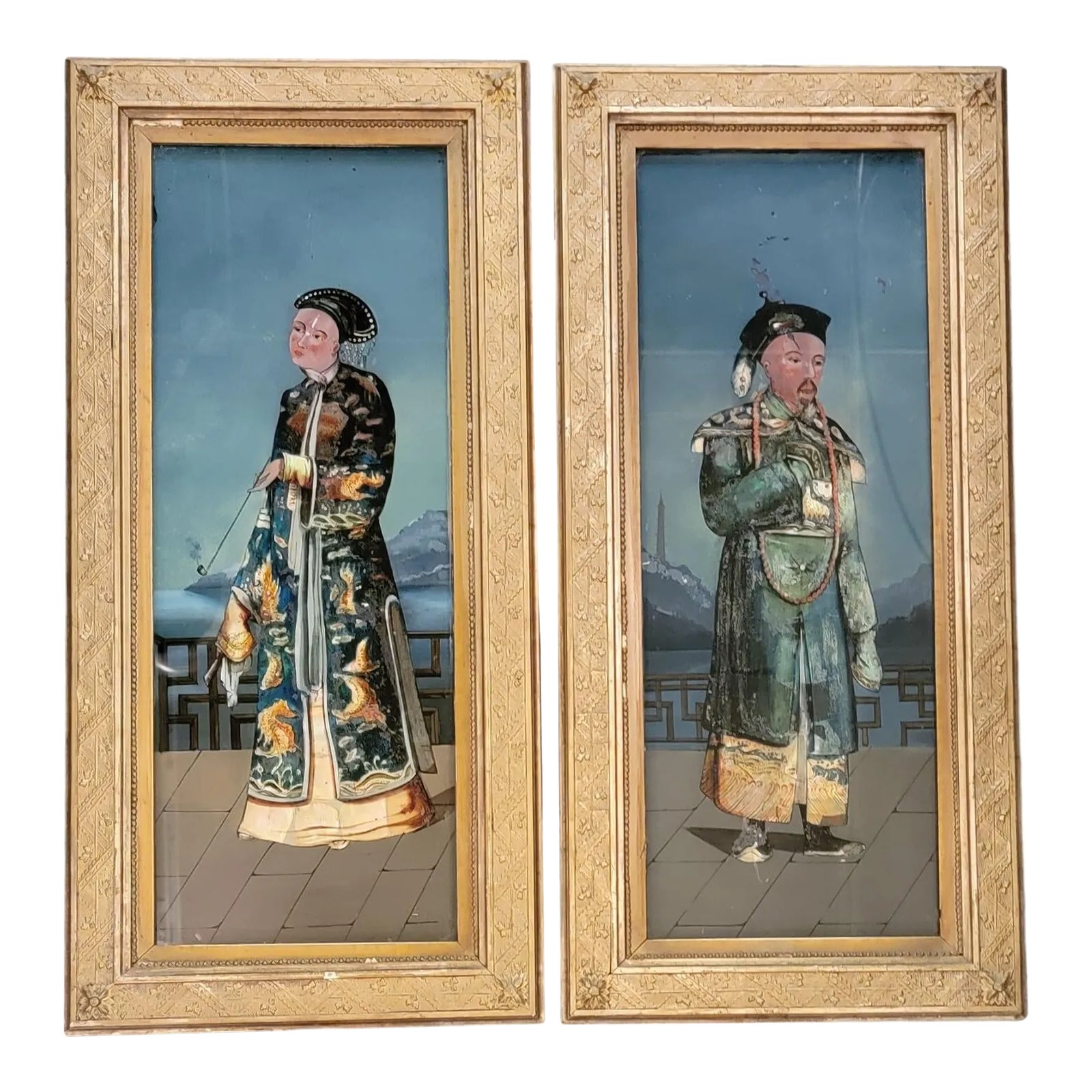 19th Century Pair of Reverse Painted Asian Drawings | Chairish