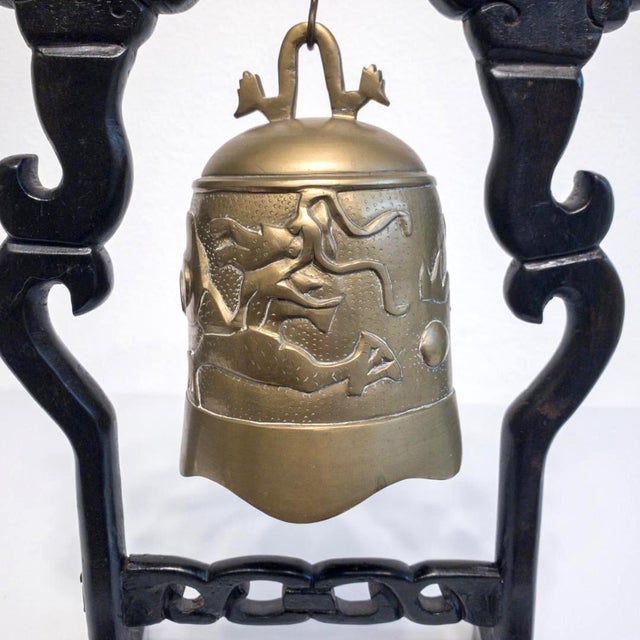 Vintage Chinese Cast Brass Dragon Temple Bell on Carved Dark Brown ...