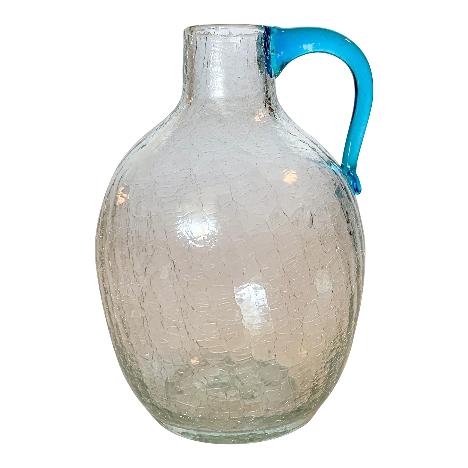 1950s Blenko #417 Clear Crackle Blown Glass Jug, Blue Handle | Chairish
