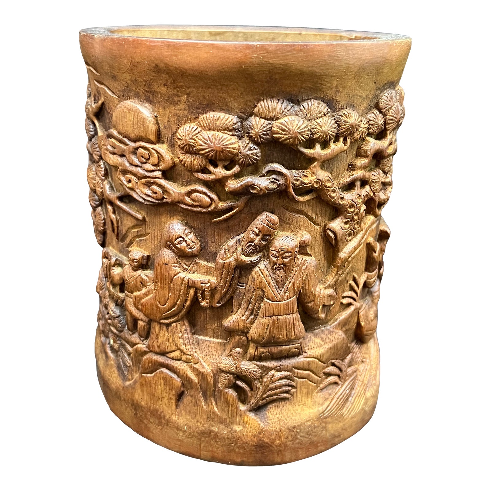 Vintage Chinese Carved Bamboo Brushpot Mountain Scenery | Chairish