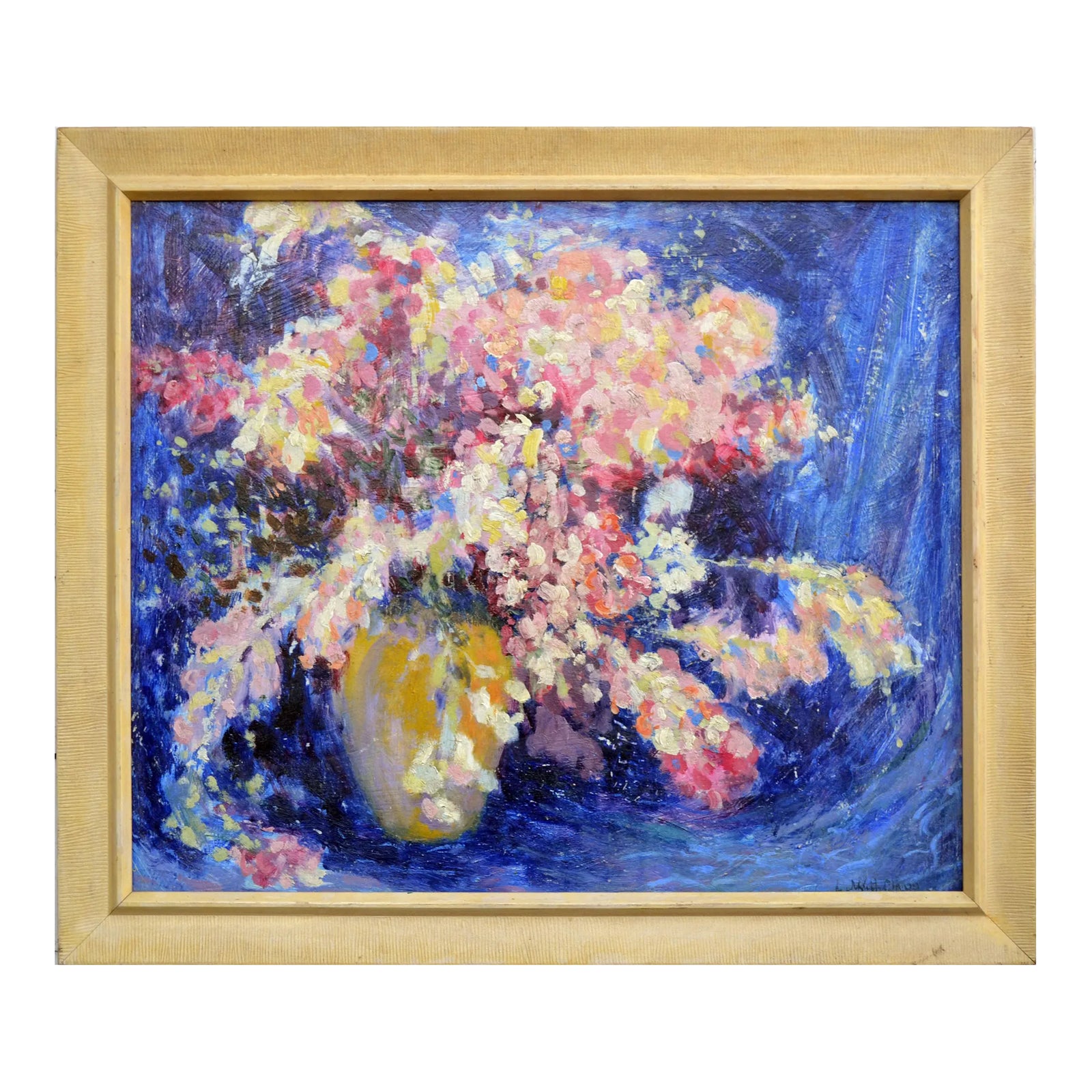 1920's Pink & Blue Impressionist Floral Still-Life Painting by William ...