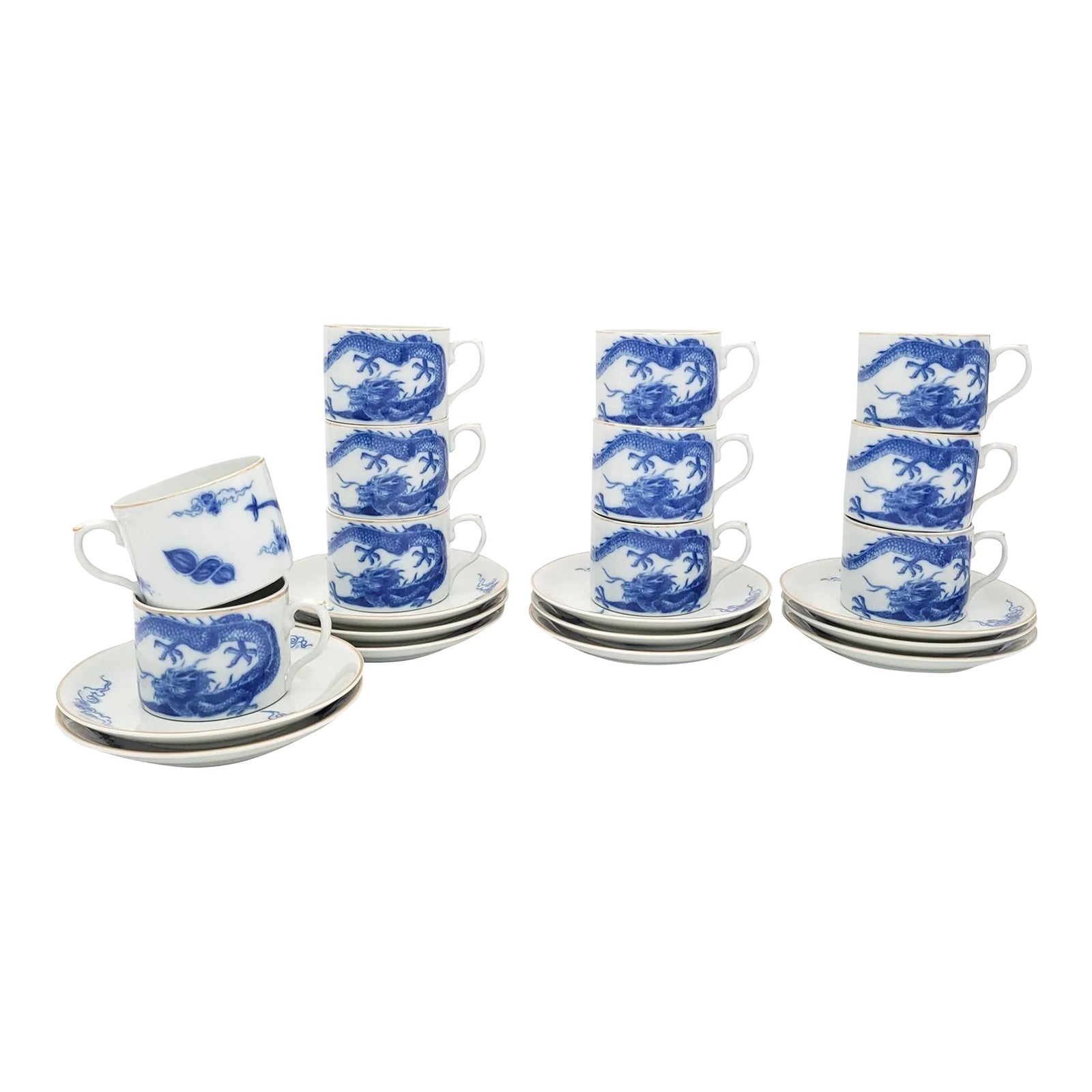 Set of Eleven Mottahedeh Blue Dragon Coffee Cups and Saucers | Chairish