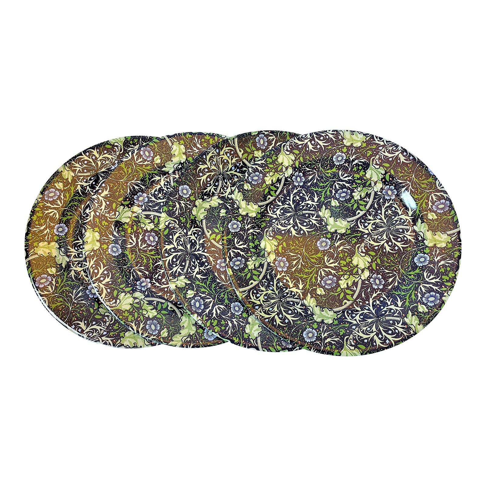 Enameled Black Floral Tin English Plates - Set of 4 | Chairish