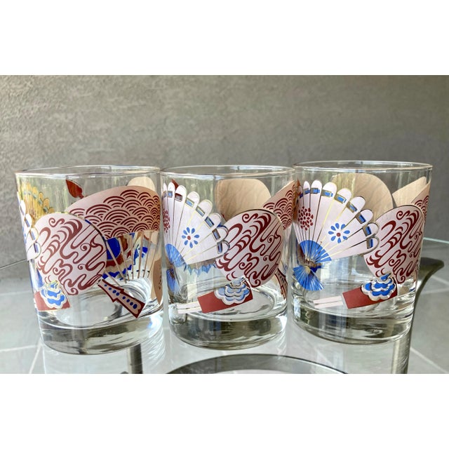 Mid-Century “Japanese Fans & Combs” Motif Lowball Glasses Attributed to ...