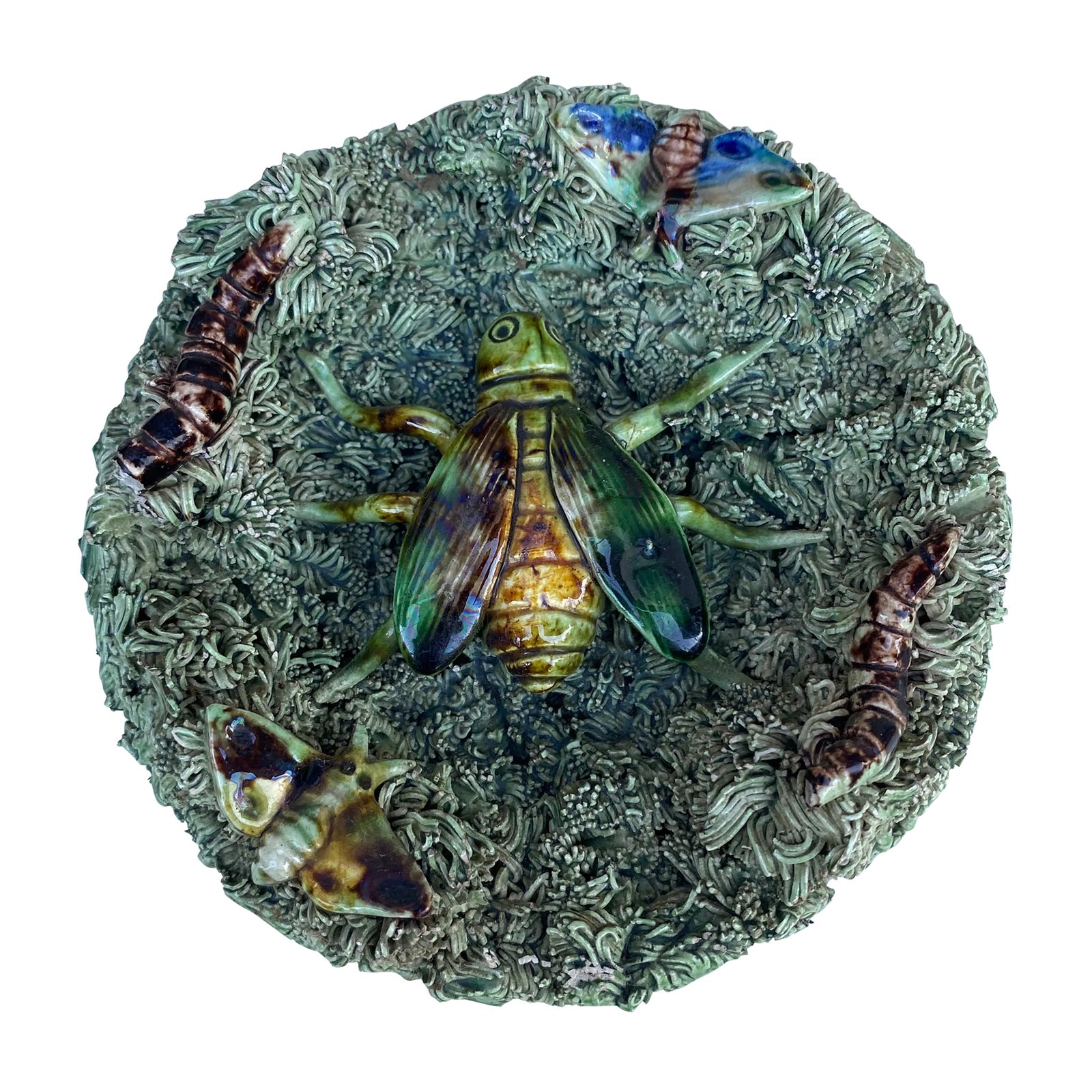 Small Portuguese Majolica Palissy Wall Fly Platter | Chairish