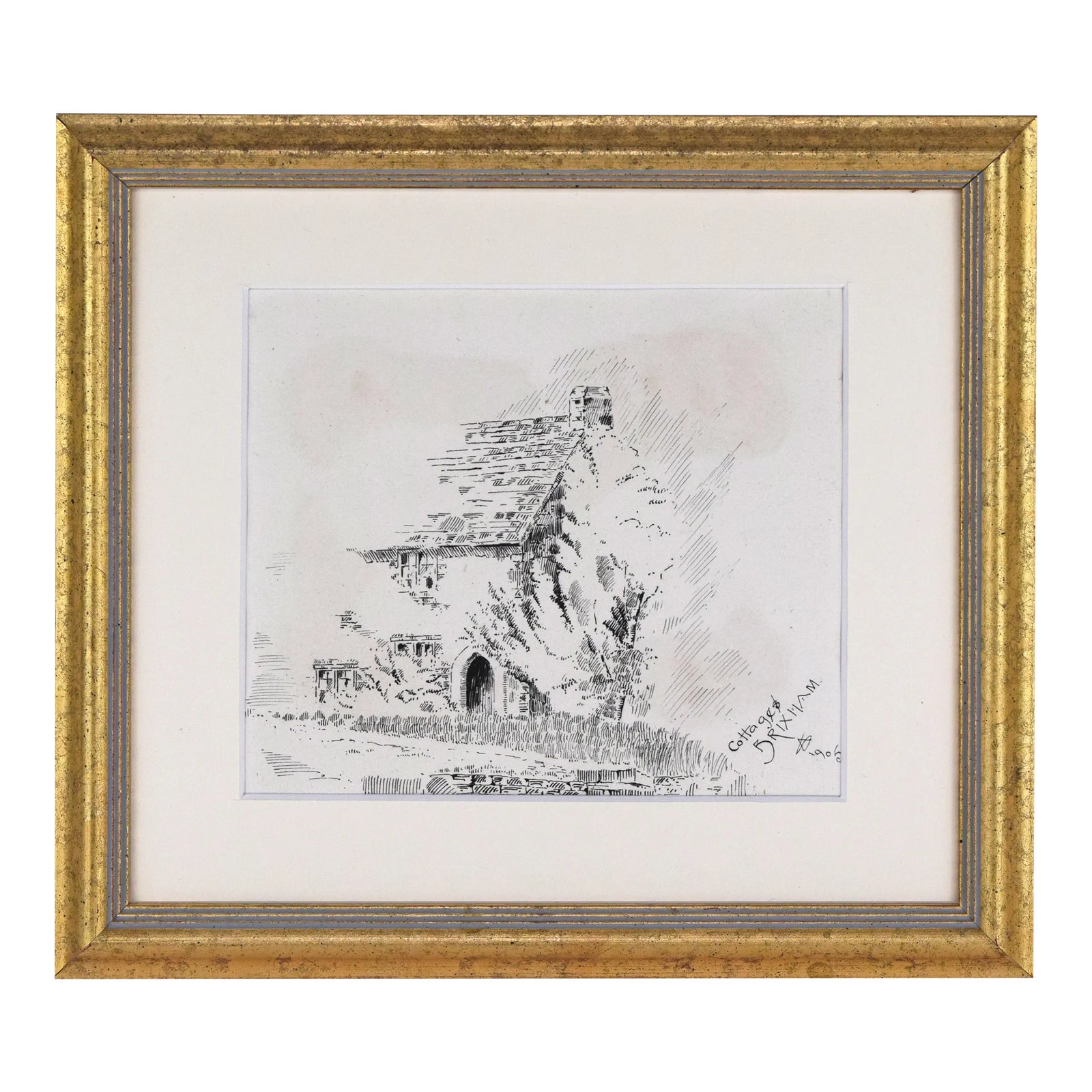 Small Antique English Pen & Ink Drawing "Cottage Brixham" 1905 | Chairish