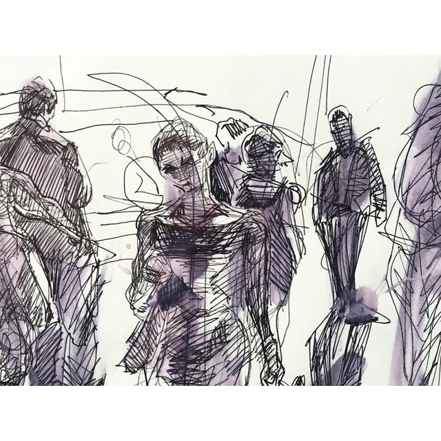 Original Pen And Ink Drawing Figures Time Square New York “ By Tom