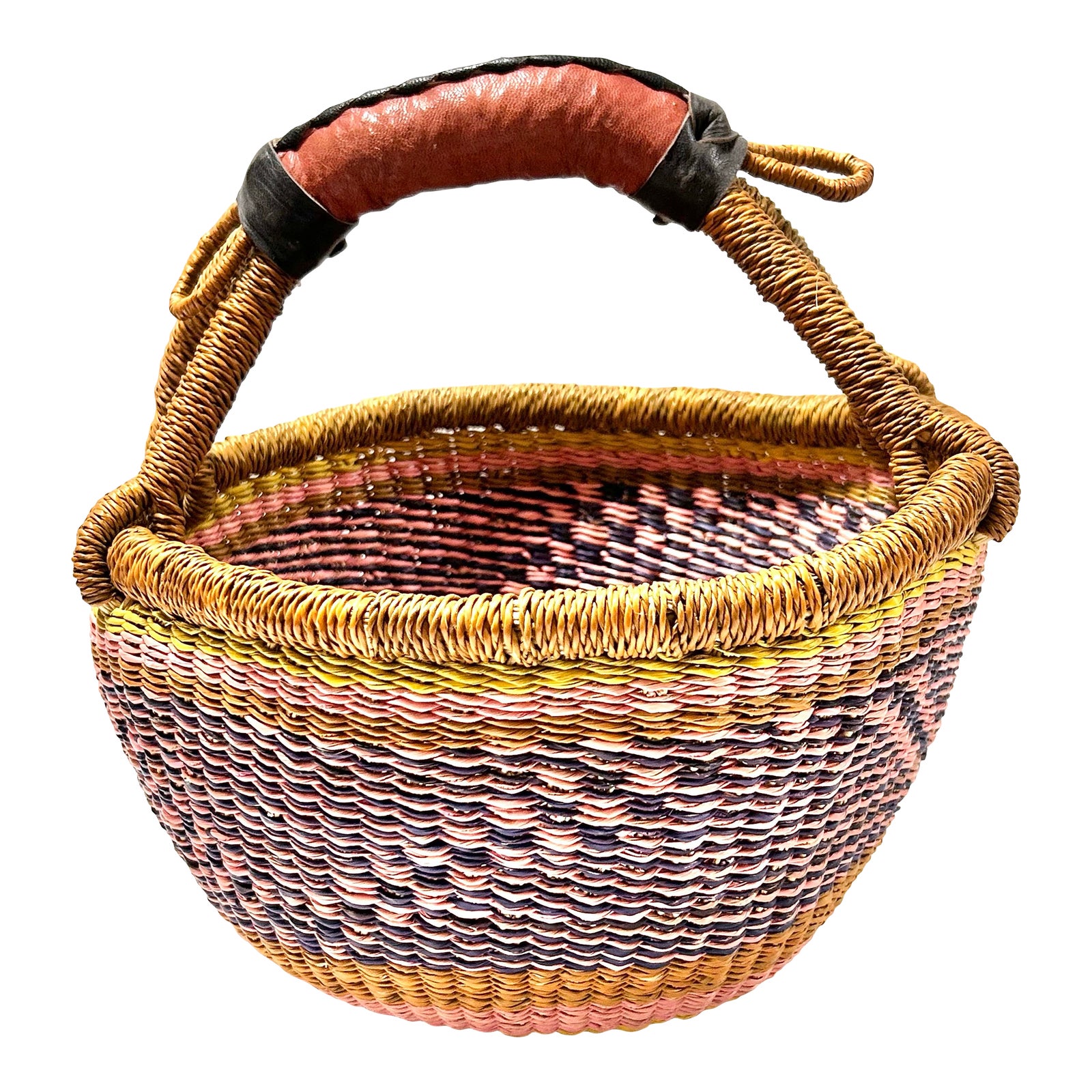 Vintage Handwoven African Bolga Market Basket With Leather-Wrapped ...