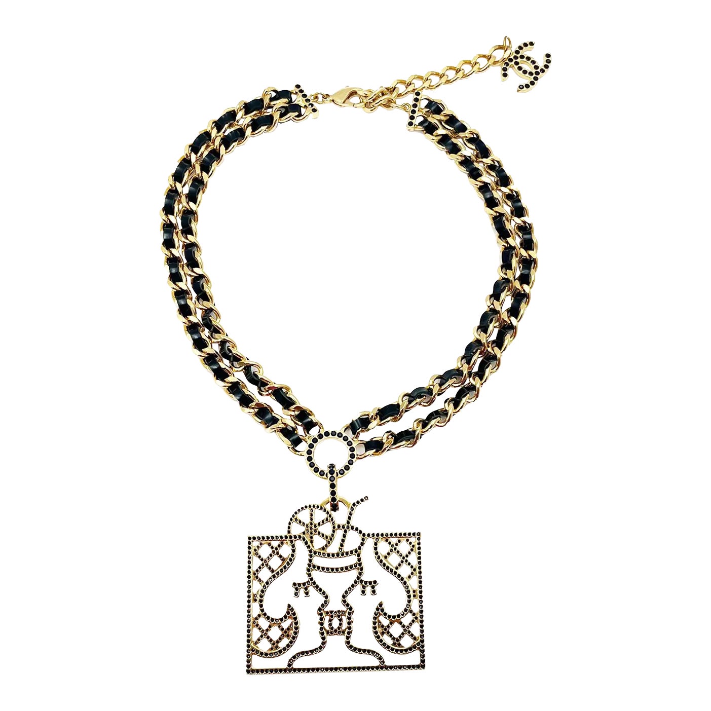 Chanel Rare Gold Plated Kissing Faces CC Black Crystal Necklace Chairish