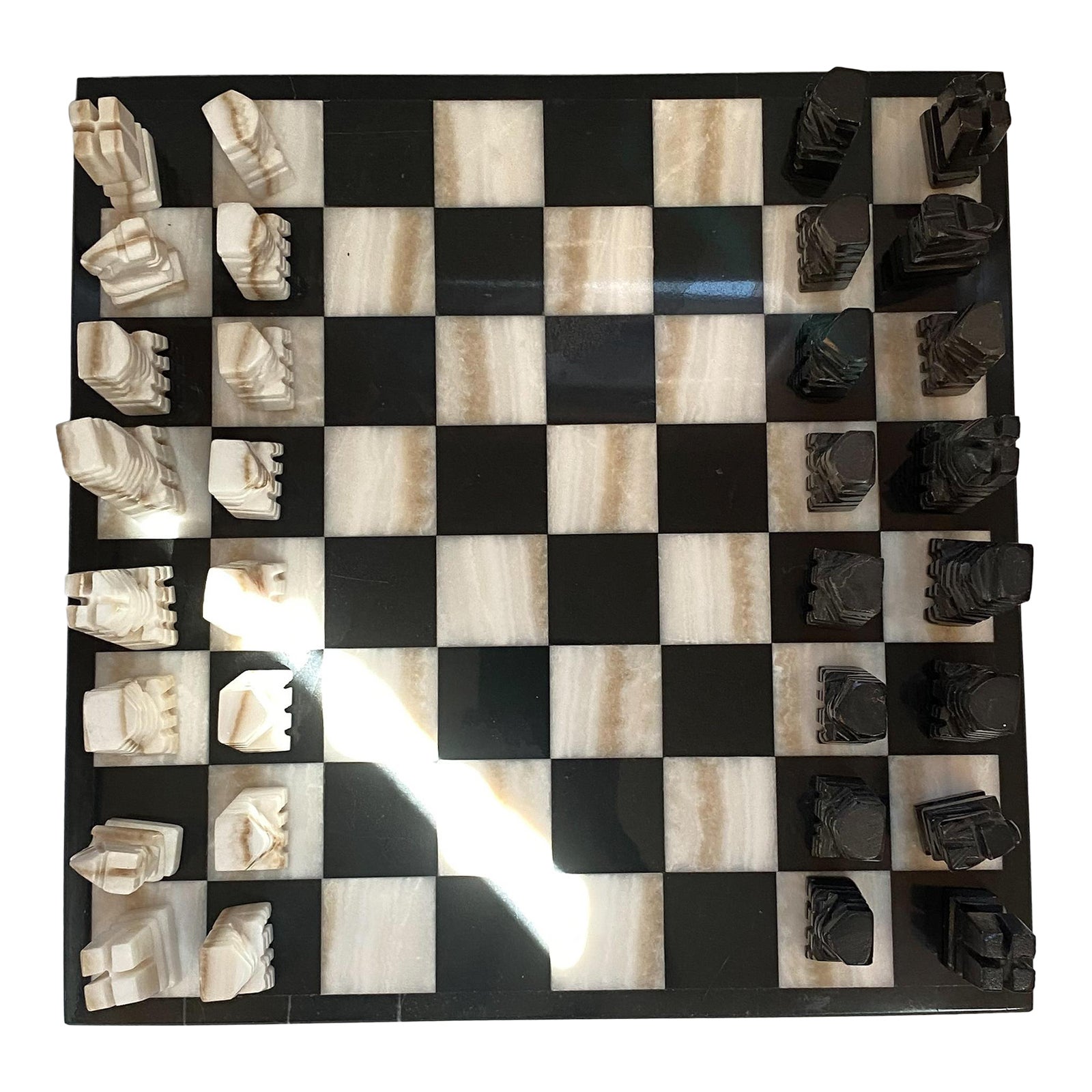 MCM Marble Chess Set / Black and White With Aztec Style Carved Pieces ...