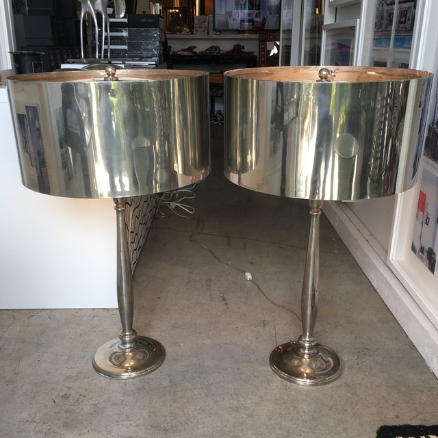 Solid Pewter Lamps and Round Shades a Pair | Chairish