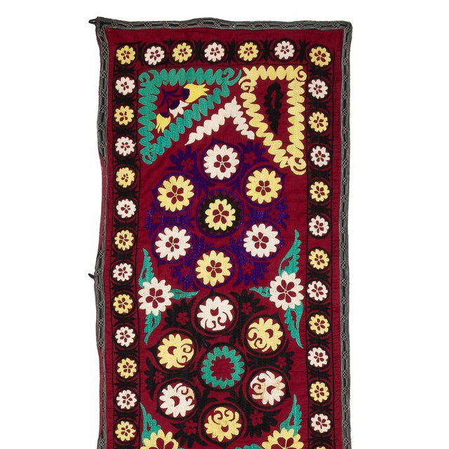 1980s Silk Embroidery Long Table Runner in Burgundy Red | Chairish