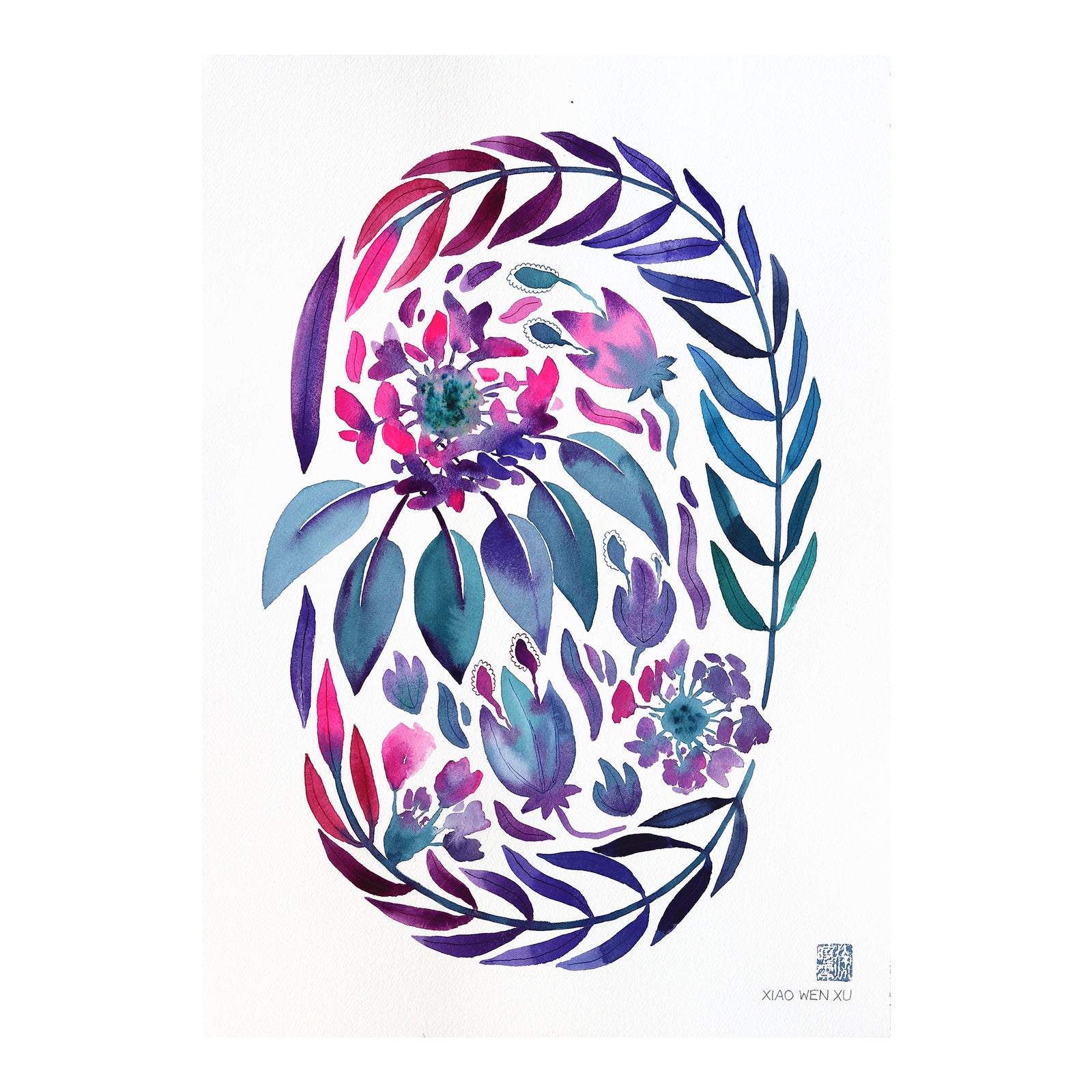 Hydrangea - Purple Blue Abstract Floral Painting on Paper Original Artwork by Xiao Wen Xu | Chairish