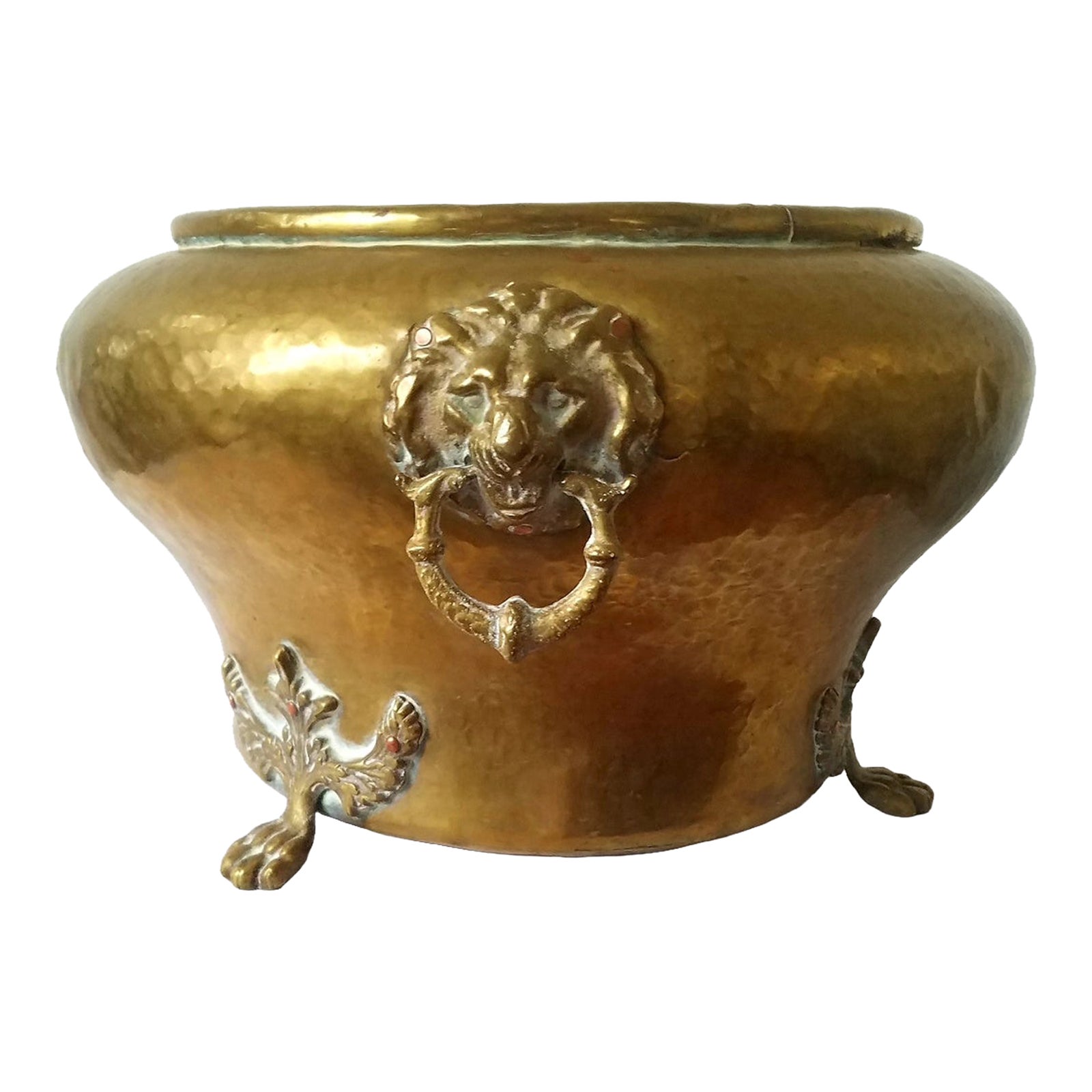 Late 19th Century Hand Hammered Brass Cachepot With Lion Head Paw Foot ...