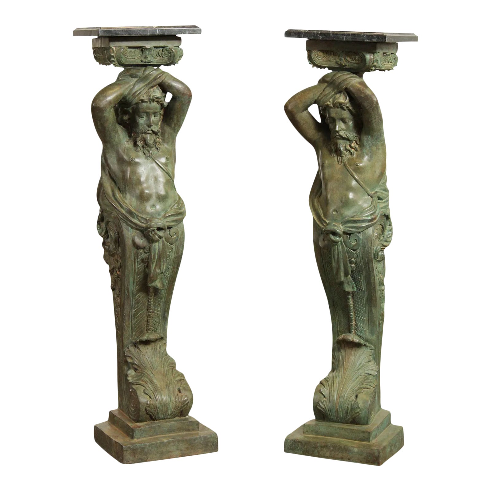 Bronze Marble Top 'Telamon' Greek God Statues - 48 inch Pedestals - a ...