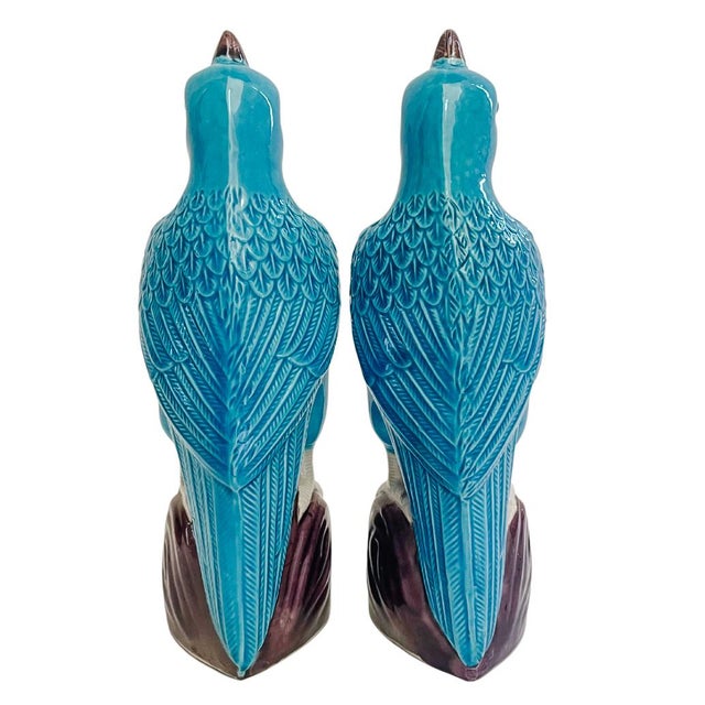 1930 Chinese Porcelain Turquoise Parrot Figurines - a Pair | Chairish
