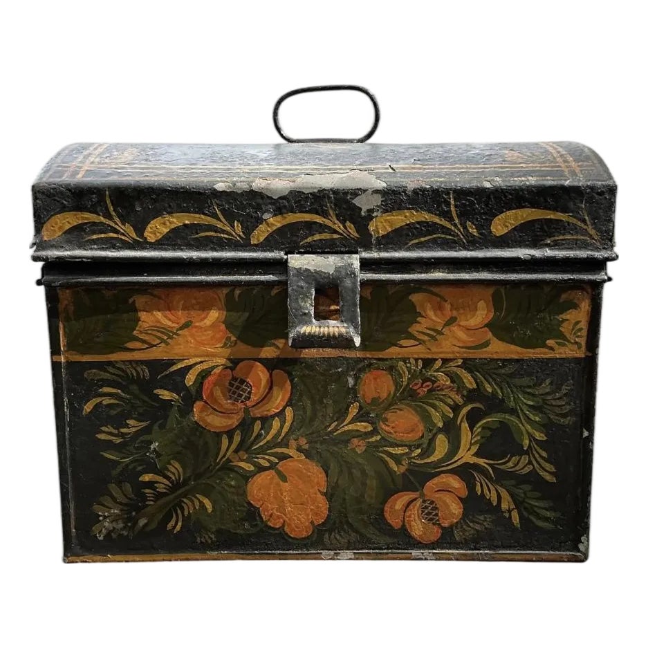 American Folk Art Painted Toleware Tin Box | Chairish