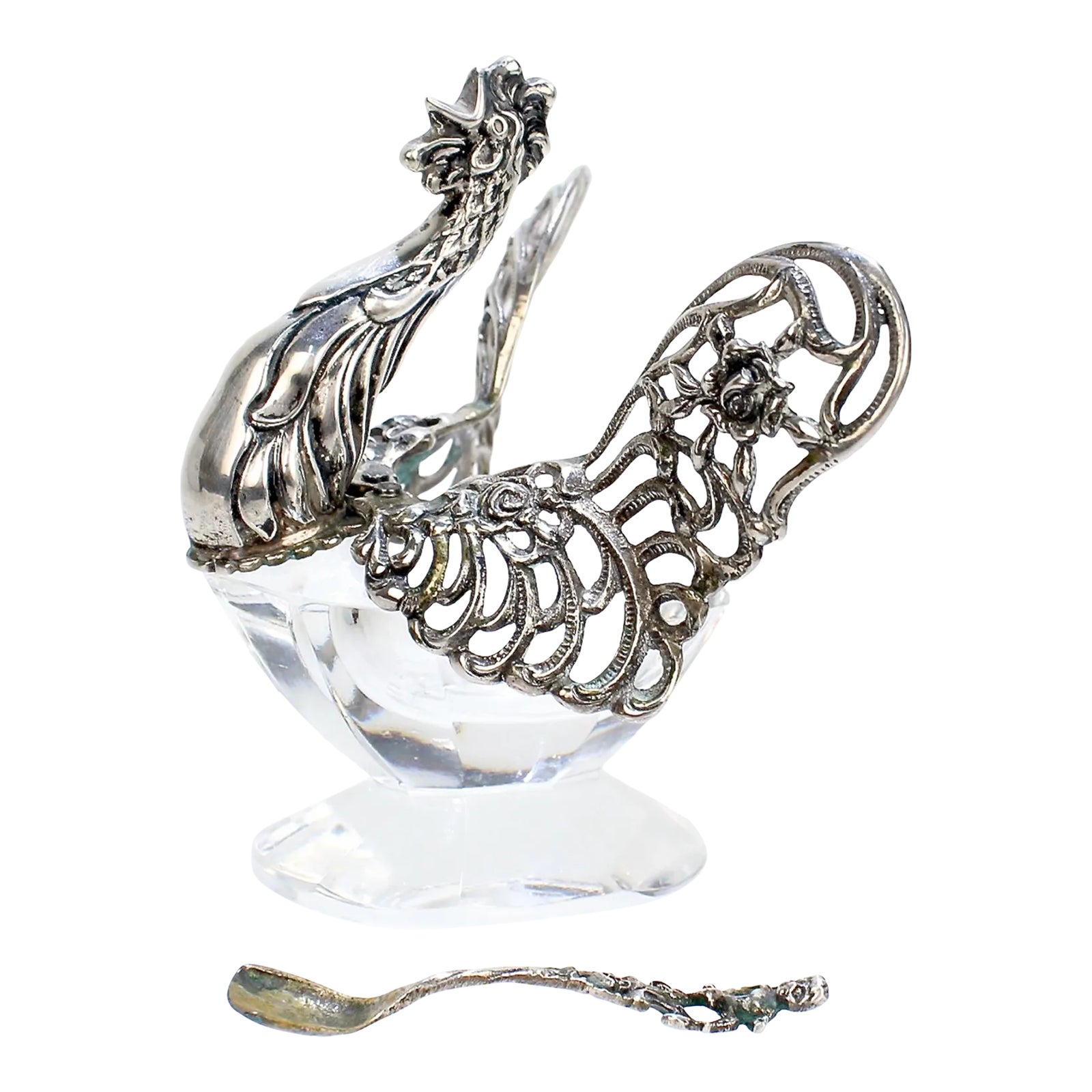 Signed Antique 835 Silver & Crystal Figural Rooster Salt Cellar by ...
