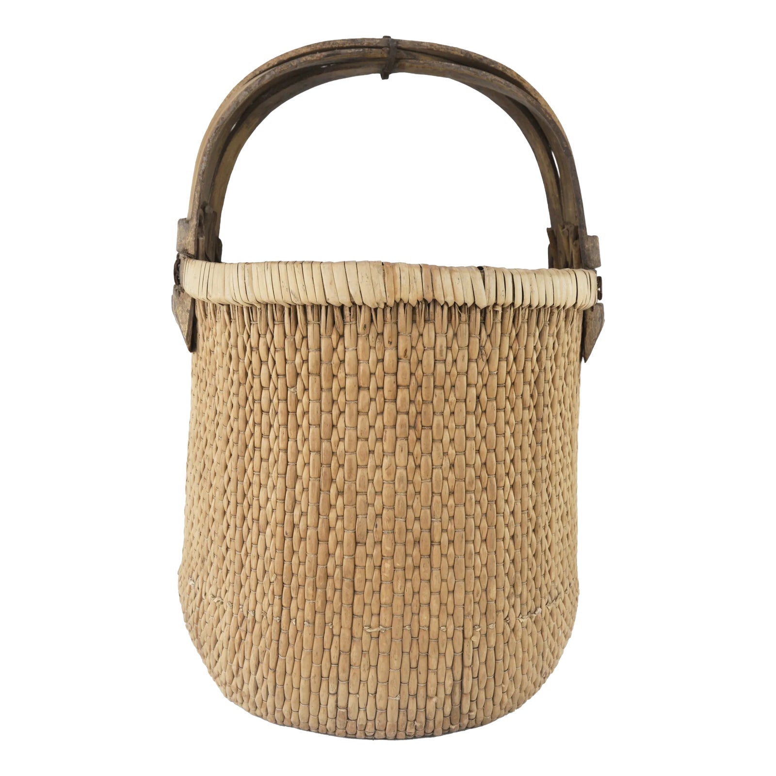Antique Chinese Woven Basket With Wooden Handle | Chairish