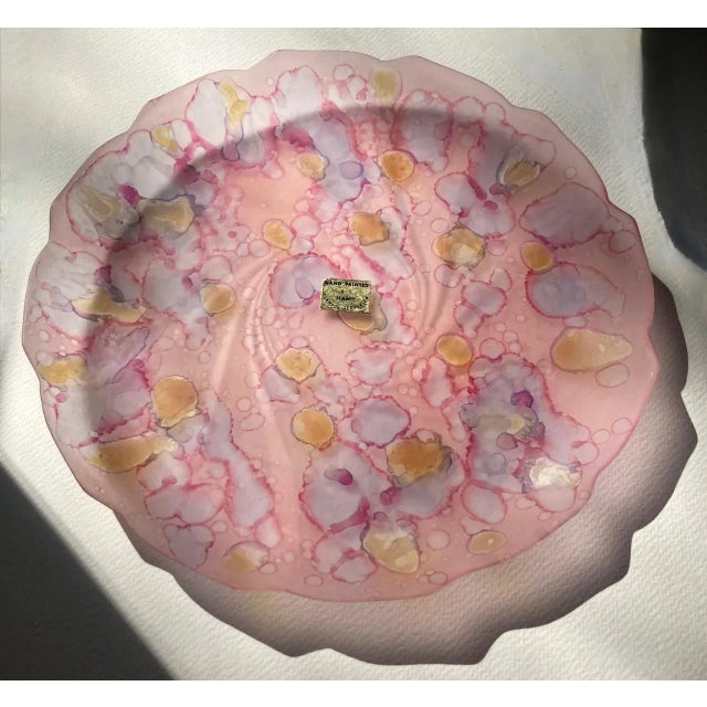 Ilanit Hand-Painted Pink Toned Art Glass Rimmed Serving Plate, Circa ...